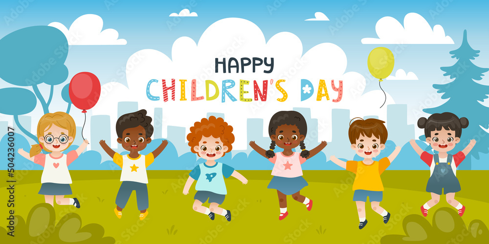 Children's day celebration banner with happy kids jumping in the city ...