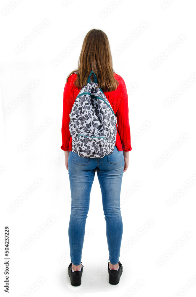 Back view of female student. Adorable teenage girl with backpack ...