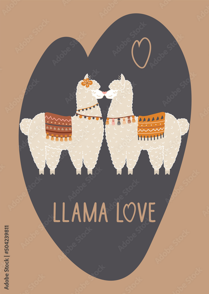 Cute vector card with kissing llamas and heart. Love wish. Kind banner ...
