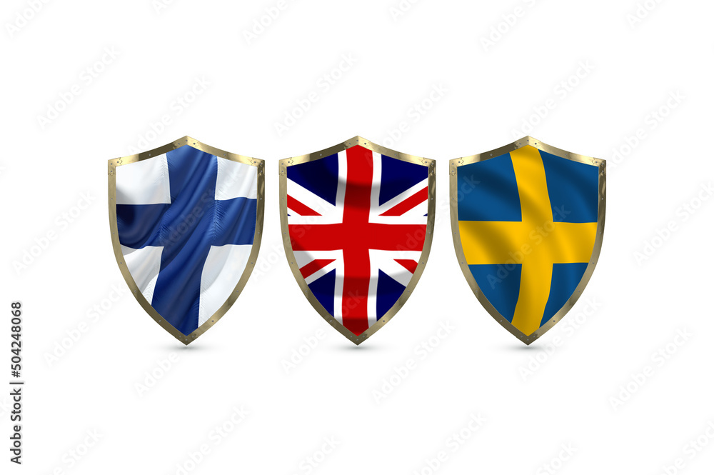 UK, Sweden, Finland unity shield concept poster 3D illustration, 3 ...