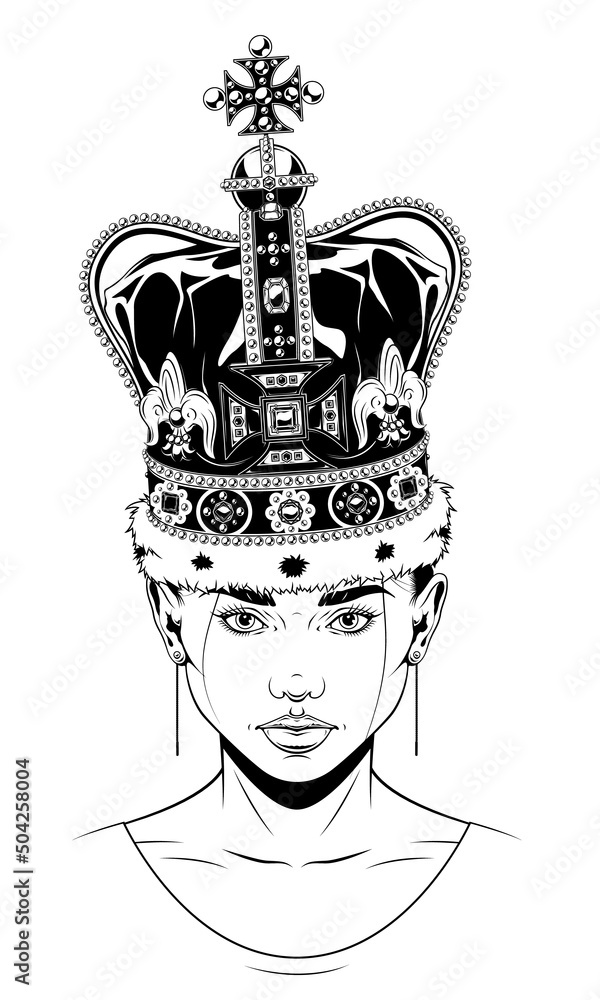 Vintage monochrome drawing of a woman face with crown. Isolated vector ...