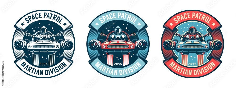 Space retro - badge Astronaut on shuttle. Spaceship pilot - vintage ...