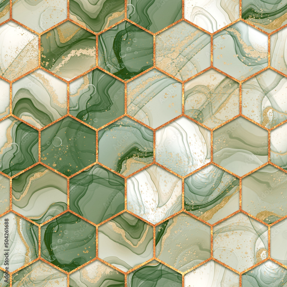 Ink hexagon seamless texture with gold. Green abstract background Stock ...