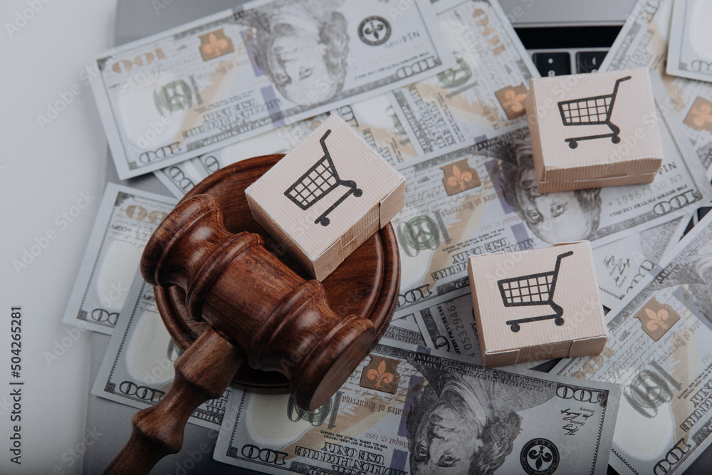 Judge gavel, money and transport boxes. Top view. Shipping law Stock ...