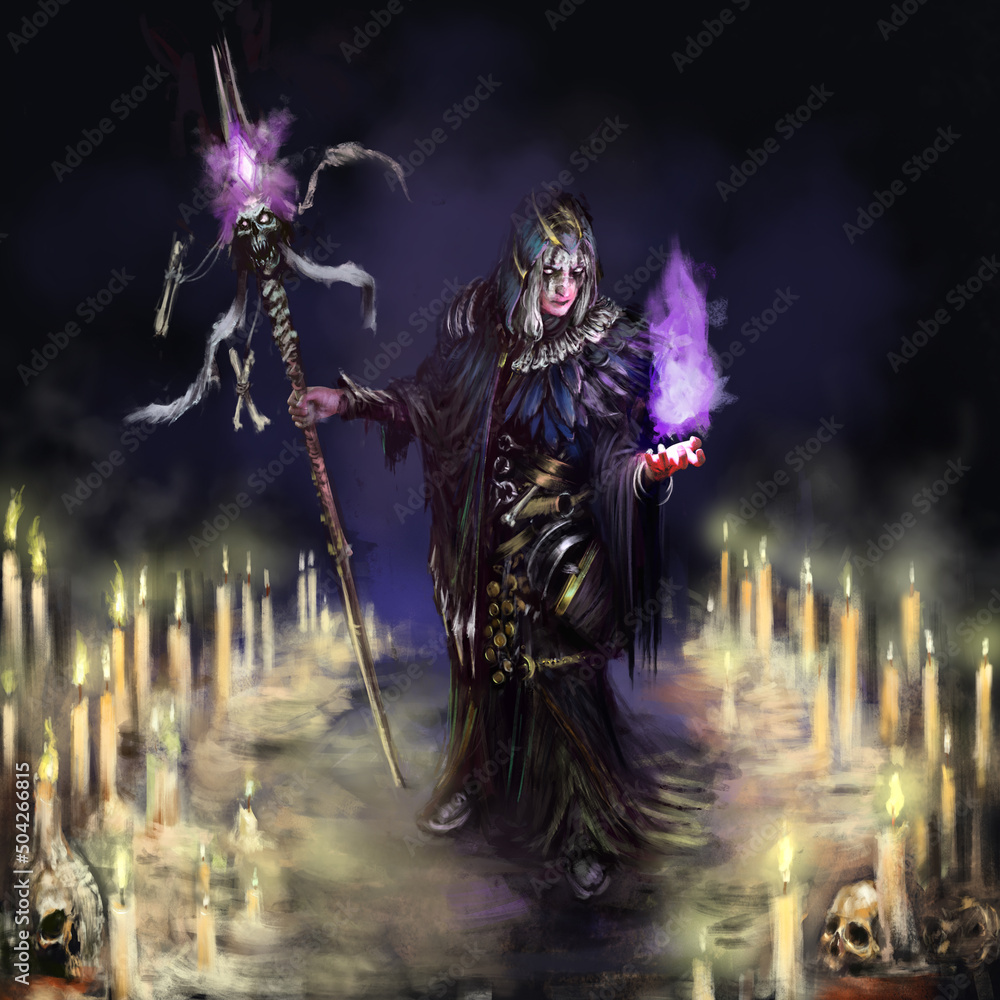 The sorcerer performs a dark ritual, candles around him, a staff with a ...