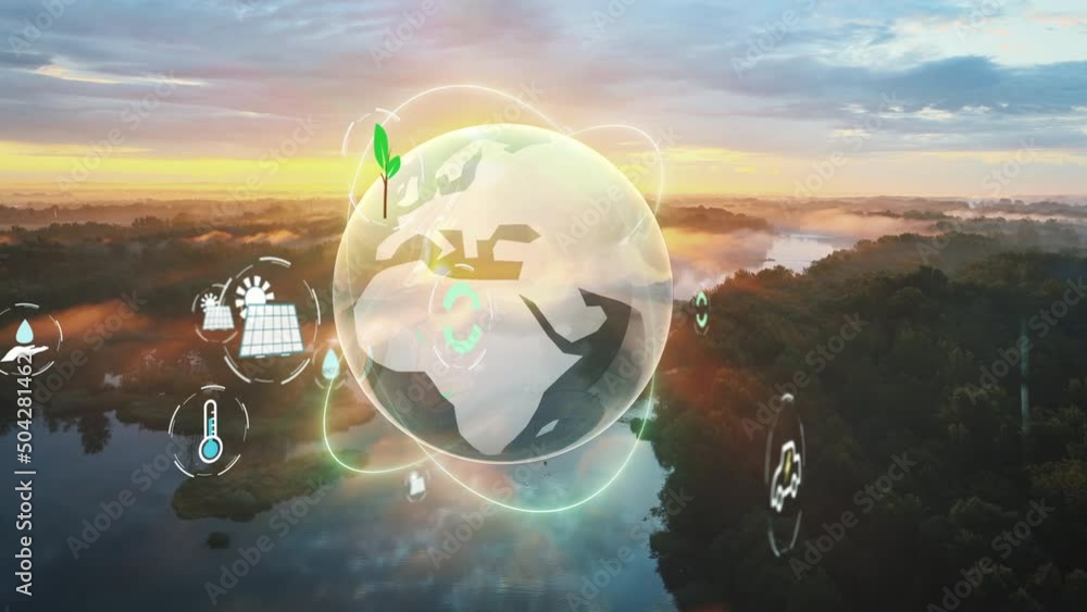 Future Sustainable Energy Concept - Globe and icons with clean nature ...