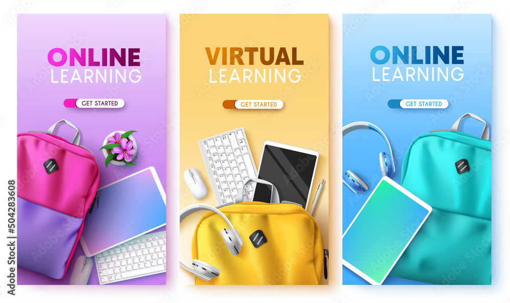 Online education vector poster set. Virtual learning text with backpack ...