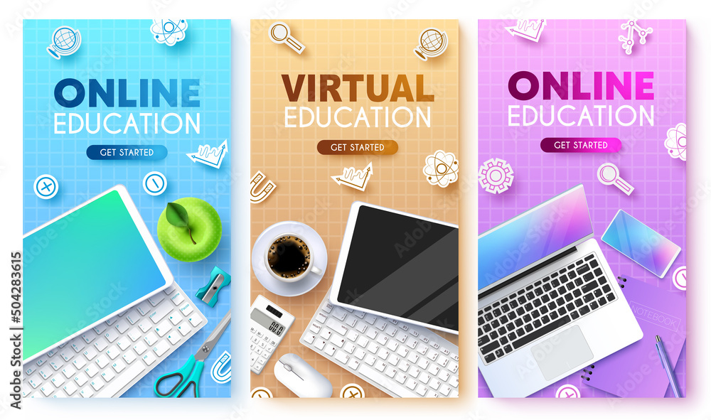 Virtual education vector poster set design. Online education text with tablet, phone, laptop and ...