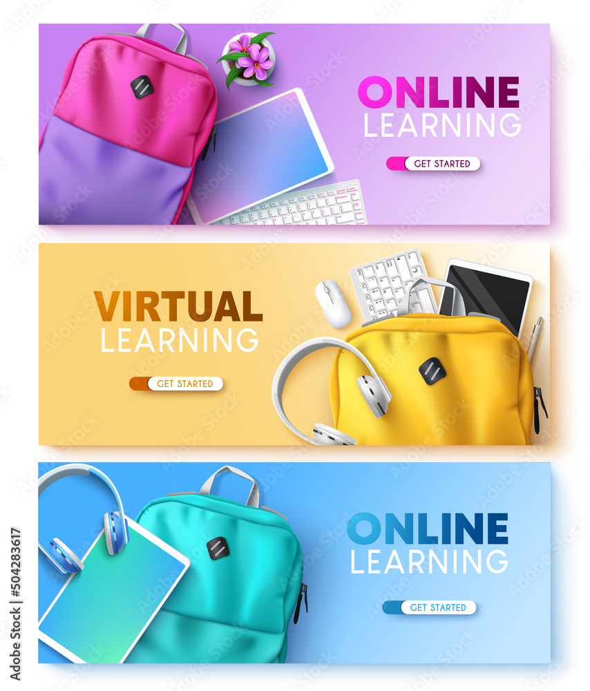 Online learning vector background set. Virtual education text with ...