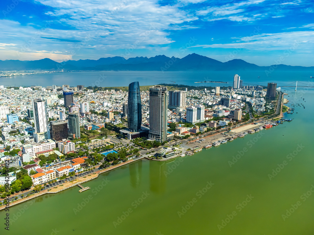 Aerial view of Da Nang city which is a very famous place for tourists ...