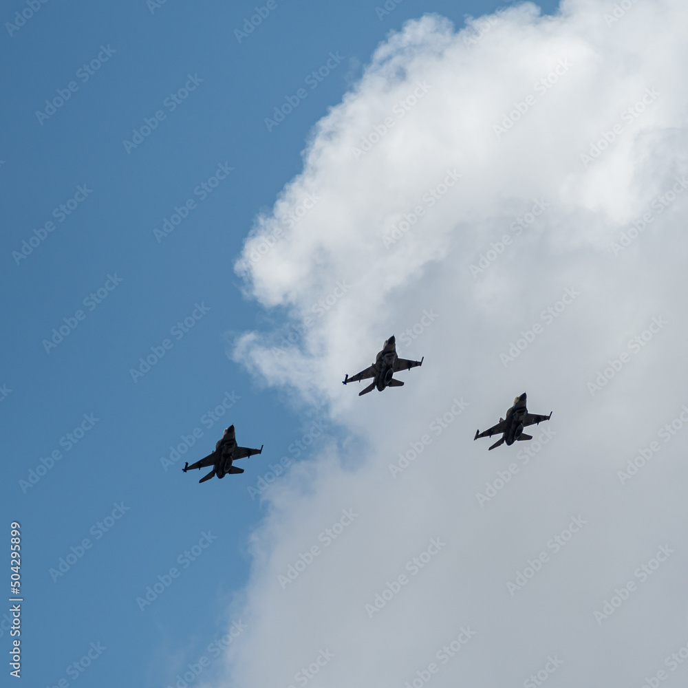 Three Israeli fighter jets in formation during an air show during ...