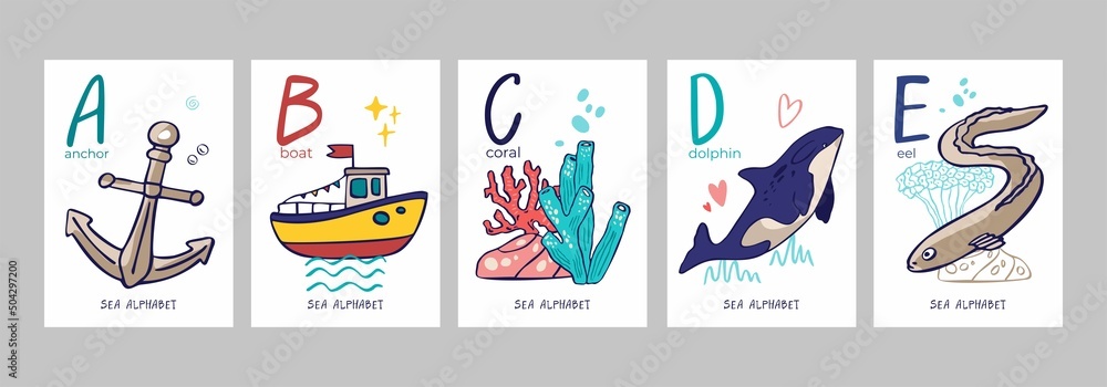 Set of postcards with letters of alphabet, marine symbols isolated on ...