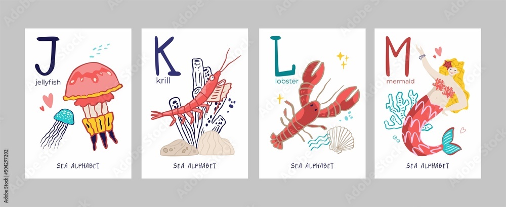 Set of postcards with letters of alphabet, marine symbols isolated on ...