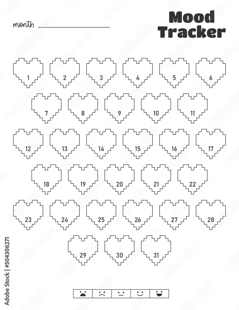Pixel hearts. Printable mood tracker for a month. Monochrome blank page ...