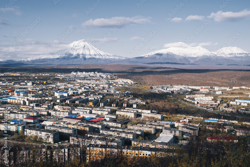 Capital of Kamchatka Petropavlovsk-Kamchatsky city view with volcano ...