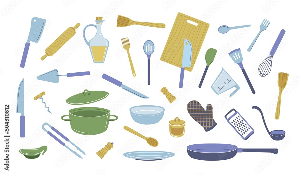 Cartoon kitchenware set. Vector kitchen utensils tools and equipment ...
