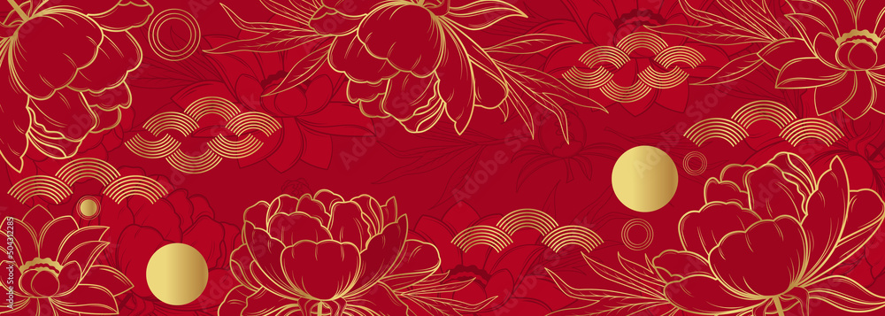 Vector banner with golden lotus flowers and peonies on a red background ...