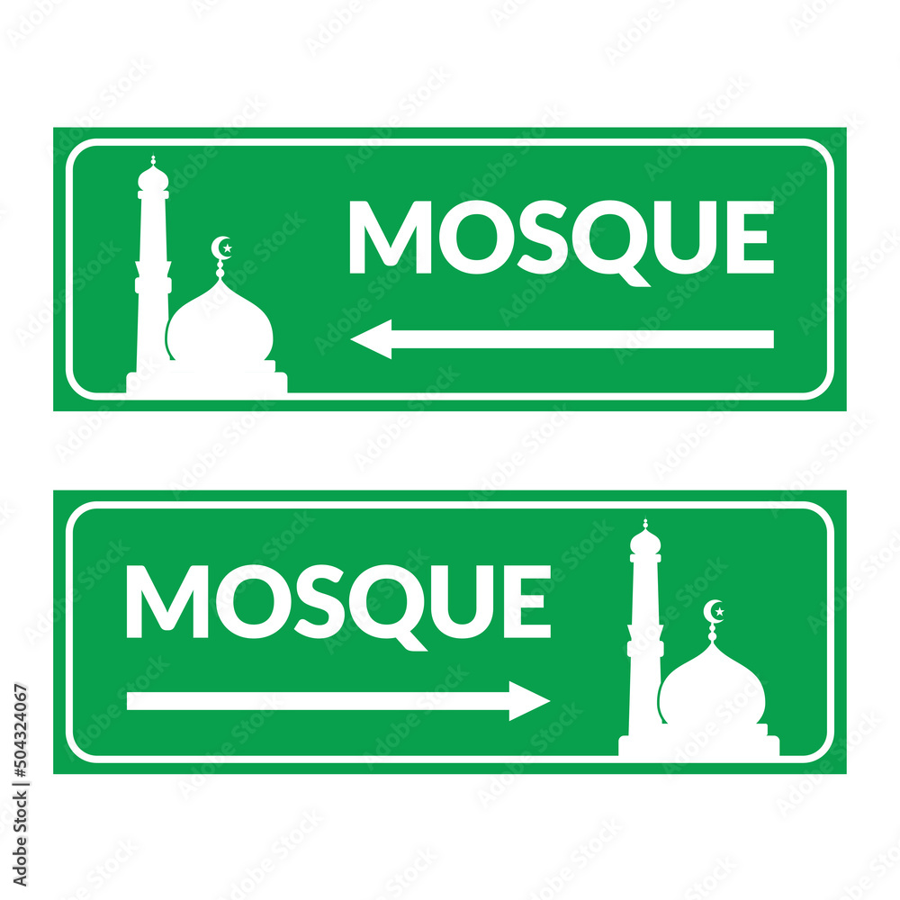 Prayer room direction sign. Mosque direction sign with green color ...