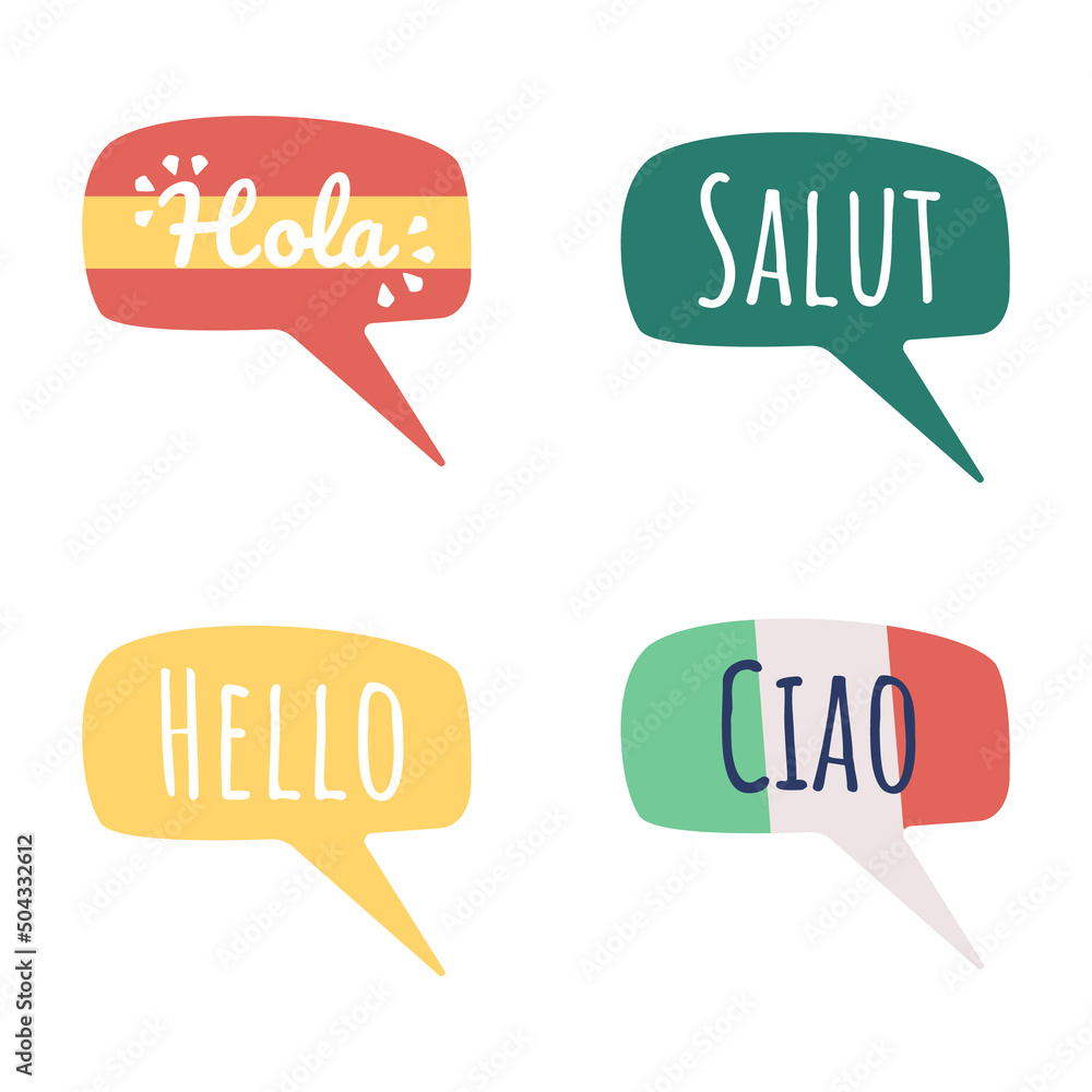 Greeting words in different languages semi flat color vector speech ...