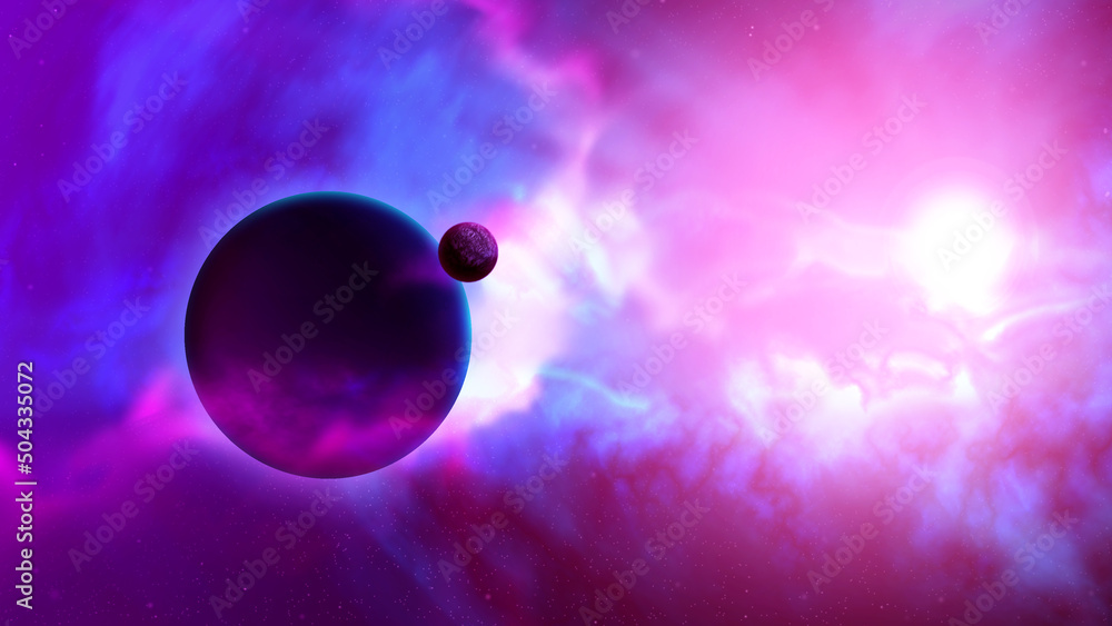 Space Art n°7 A gas giant exoplanet and its moon surrounded by solar ...