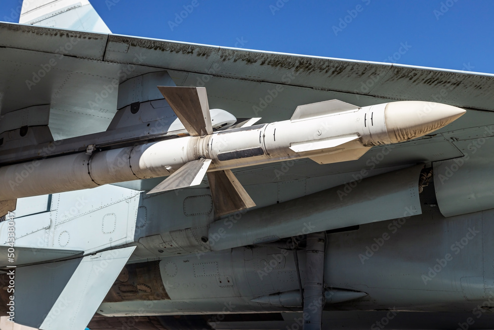 Combat missile under the wing of the fighter-bomber aircraft Stock ...