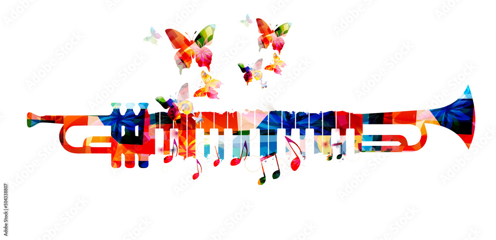 Colorful musical poster with trumpet and piano keyboard isolated vector ...
