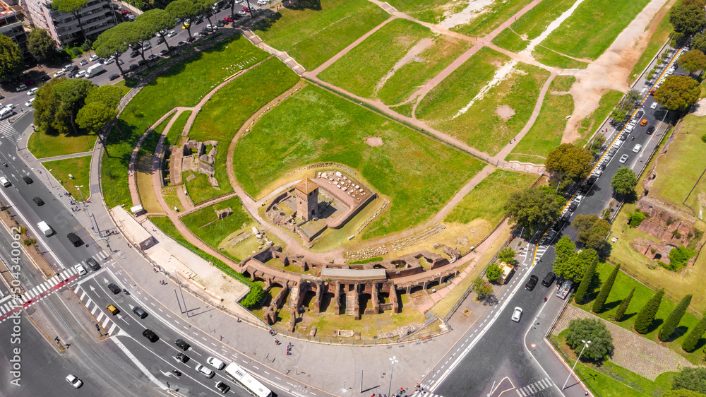 Aerial view of Circus Maximus, an ancient Roman chariot-racing stadium ...