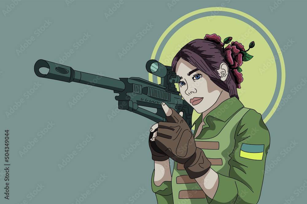 Ukranian woman sniper with a gun, wearing poppy wreath. Comics cartoon ...