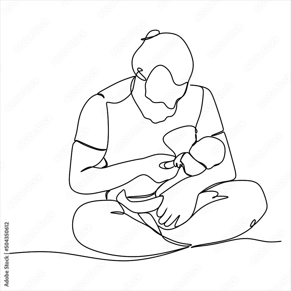 One continuous line drawing of a man with a child. The young father ...