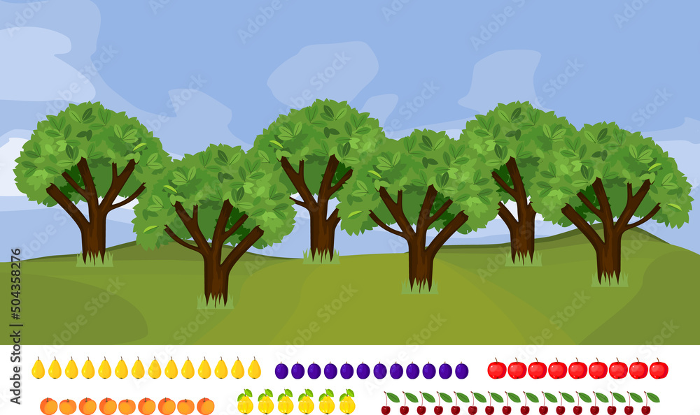 How many different fruits on trees. Counting educational game with ...