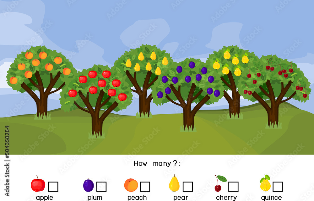 How many different fruits on trees. Counting educational game with ...