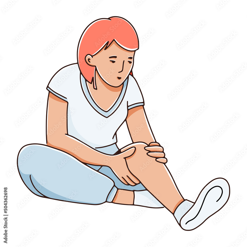 Pain in joints and muscles concept. A young girl is holding her knees ...
