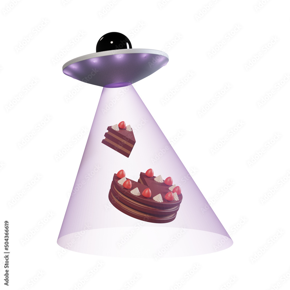 3D alien spaceship with beam. flying UFO ship lifting chocolate cake ...