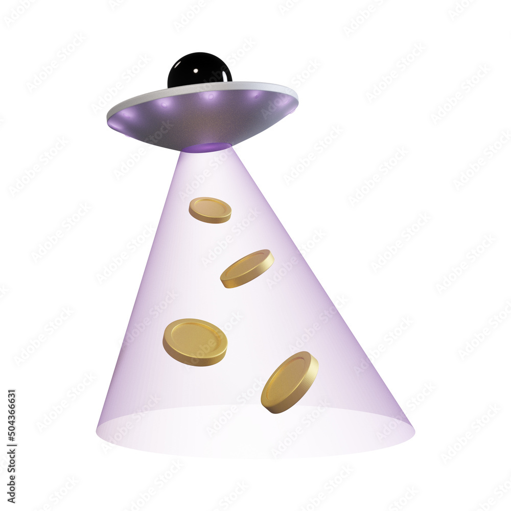3d alien spaceship with ray. Flying UFO ship lifting the gold coins ...