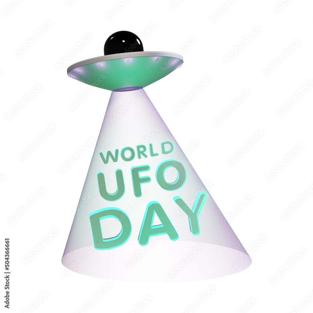 World UFO Day. 3D flying alien spaceship with beam, isolated on white ...