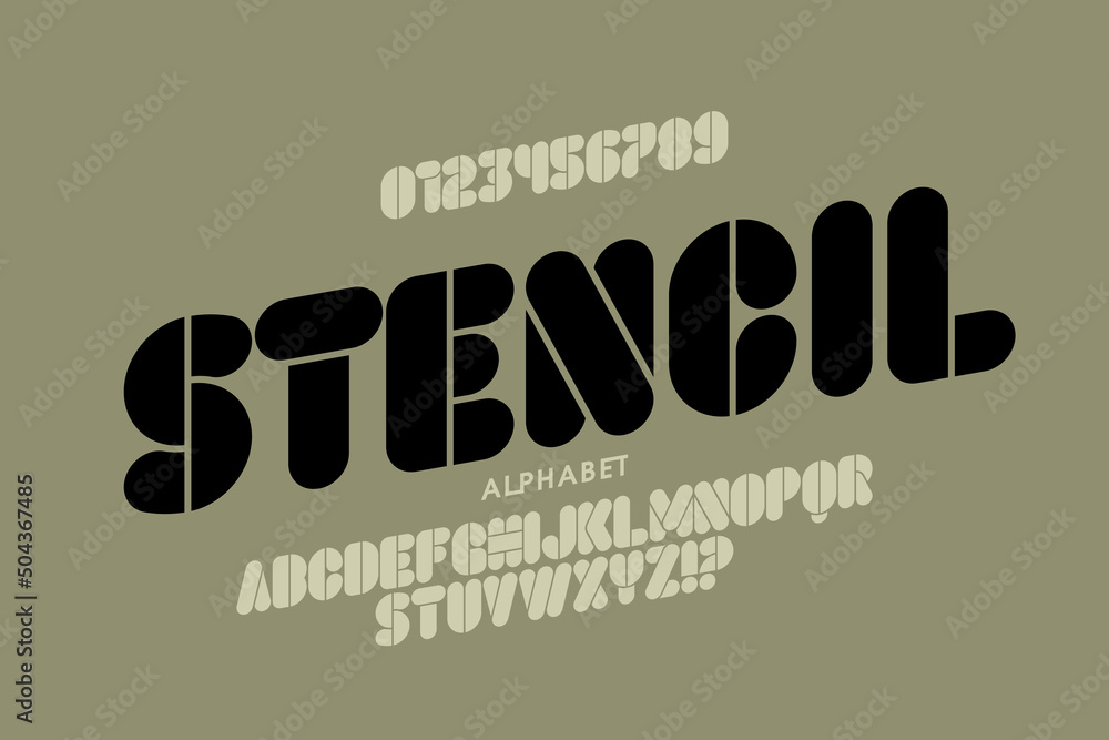 Stencil style font design, alphabet letters and numbers vector ...