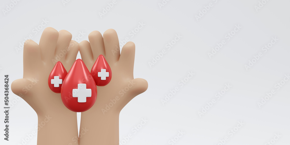 3D Rendering of hand holding blood drop with red cross sign background ...