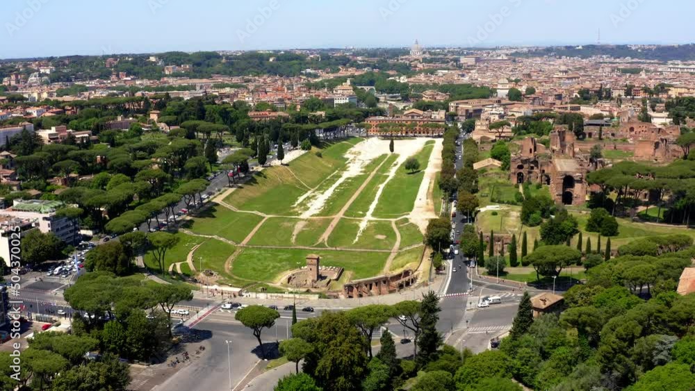 Aerial view of Circus Maximus, an ancient Roman chariot-racing stadium ...