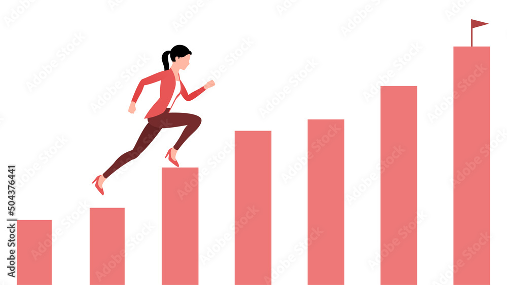 woman running on a graph bar towards success, business character vector ...