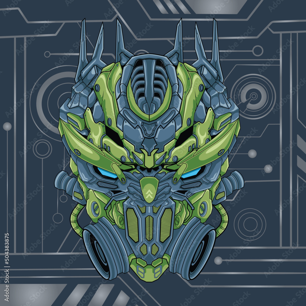 Futuristic detail mecha robot head on illustration background Stock ...