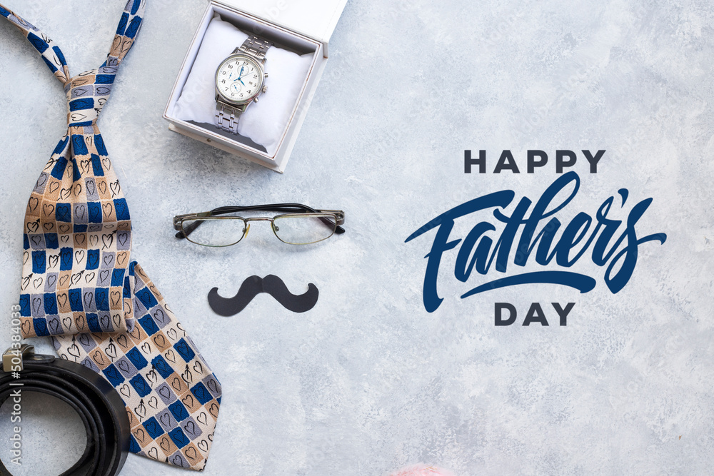 Design concept top view of Father's day gift idea with greeting on wood ...