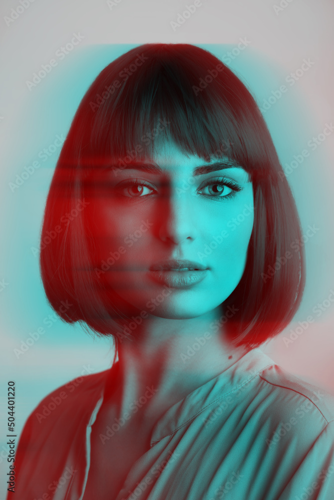 Woman with bob haircut dark hair close-up fashion portrait in RGB color ...