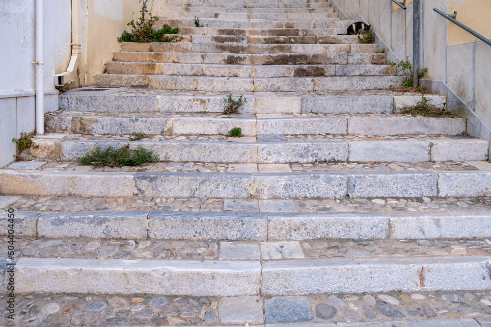 Old stone marble stair going up at Ermoupolis, Syros island, Cyclades ...