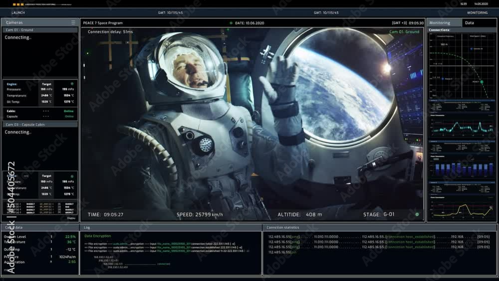 Computer Stream of an Astronaut on a Spaceship In Orbit. Cosmonaut in a ...