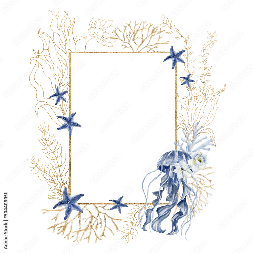 Marine frame with seaweeds, coral and sea animals. Stock Illustration ...