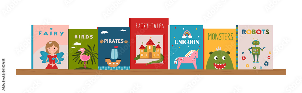 Bookshelf with children's books. Illustrated covers of books ...