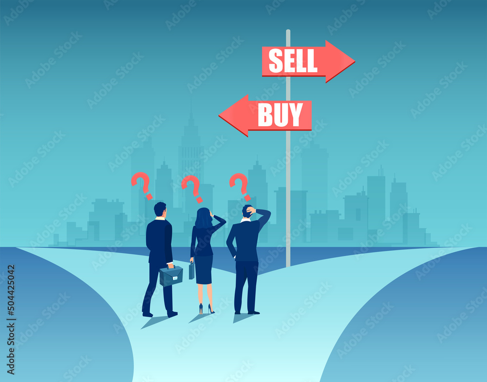 Vector of confused businesspeople standing at crossroads with buy sell ...