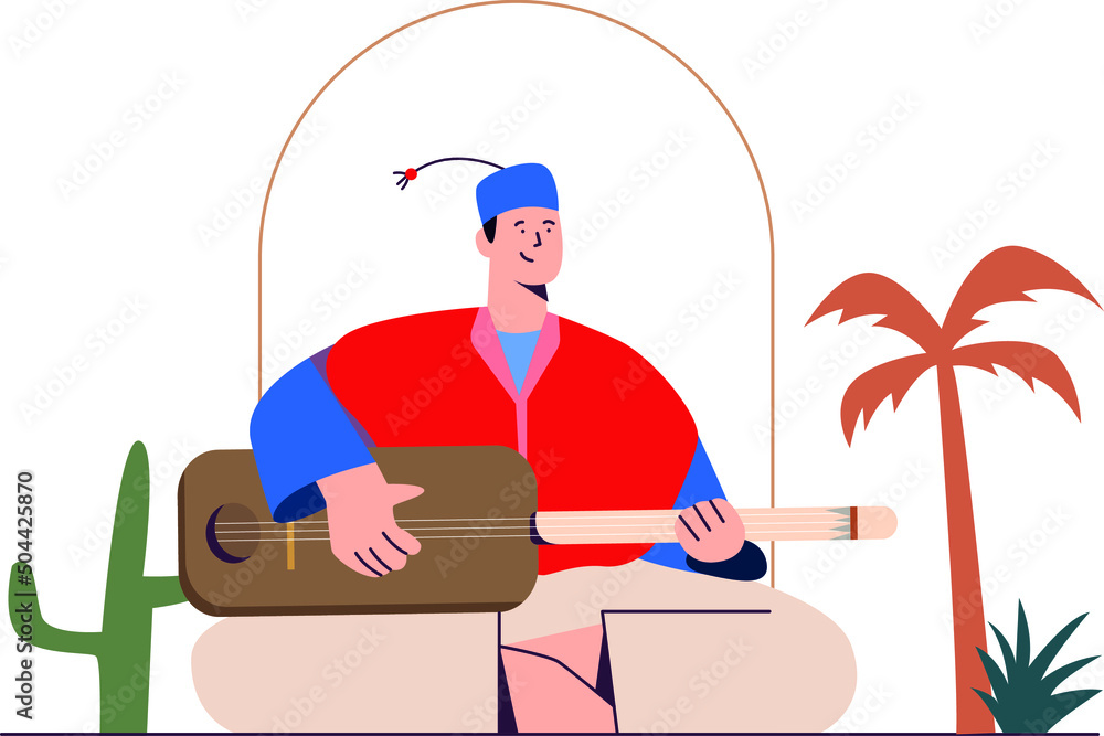 Moroccan Gnaoua singer sitting and holding a gembri with plant on the ...