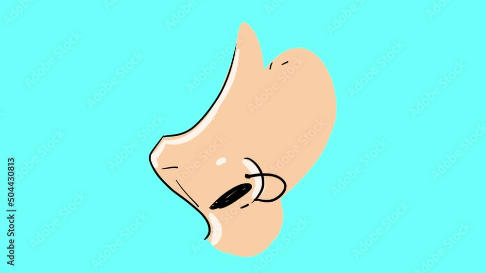 Cartoon nose with piercings on a blue screen. A symbol of youth culture ...