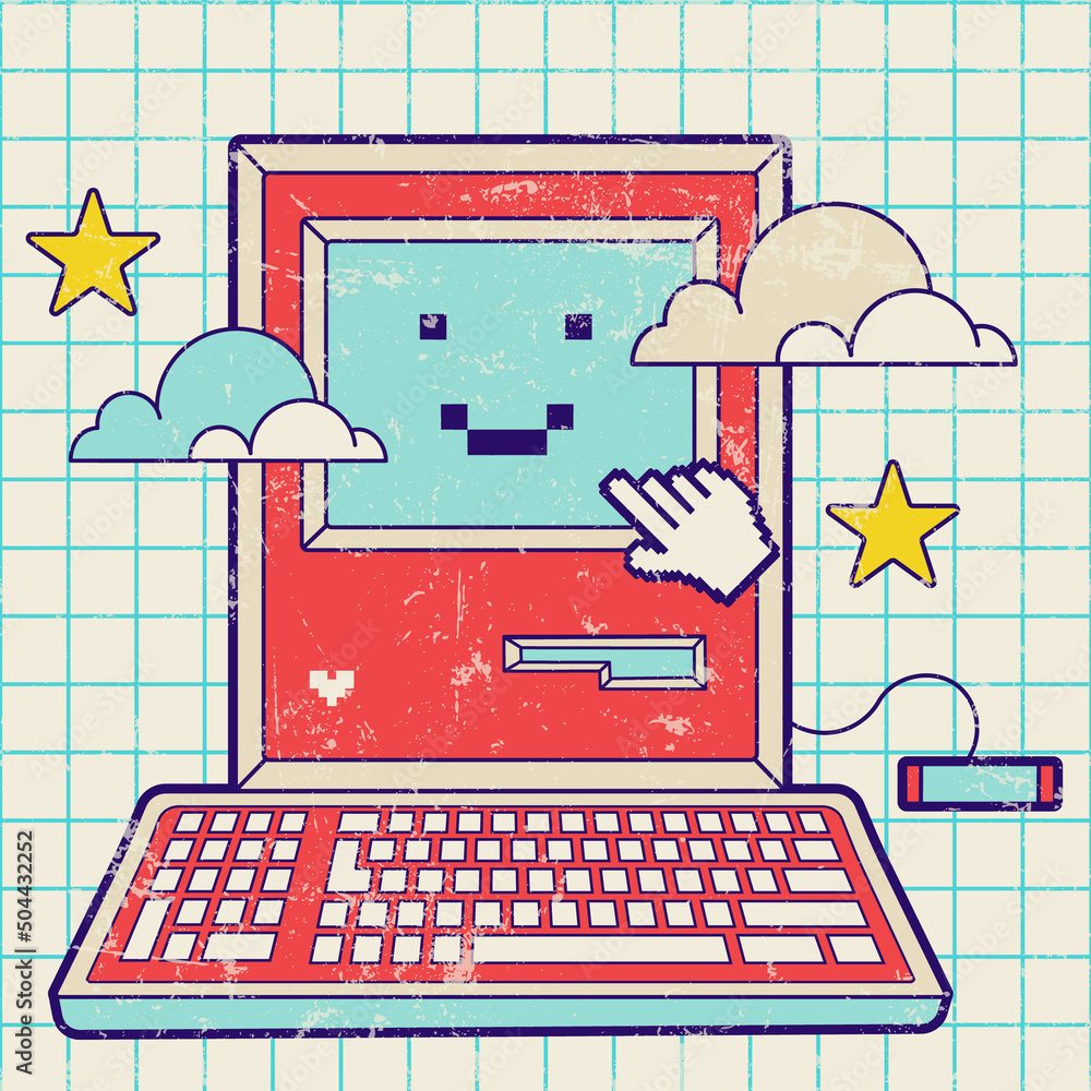 Retro 90's computer. Old sharpen vintage PC print for tee, t shirt ...